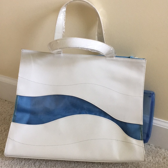 RO | Bags | Ro Off White Leather Bag With Blue Cut Outs New | Poshmark